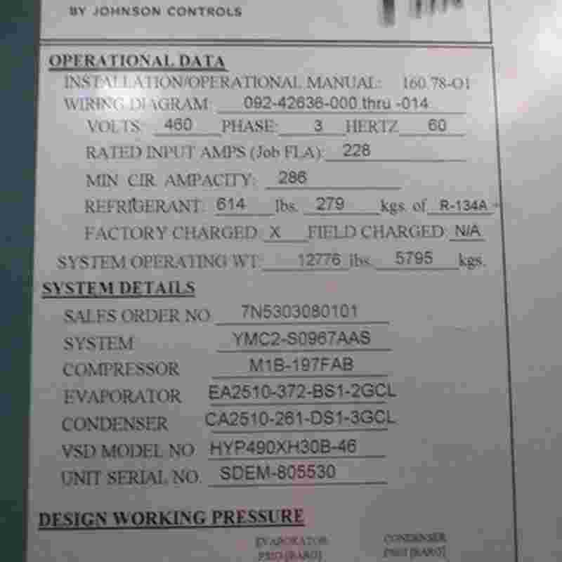 York Ymc2 Water Cooled Chiller Ymc2-S0967Aas 275 Ton 460V 3Ph 9,924 ...